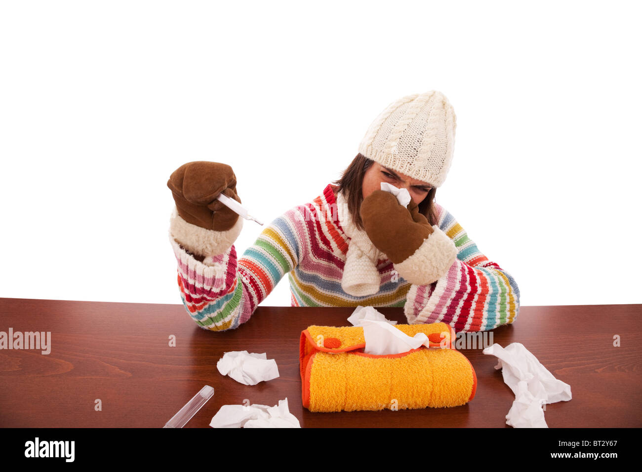 sad woman with flu symptom (isolated on white Stock Photo - Alamy