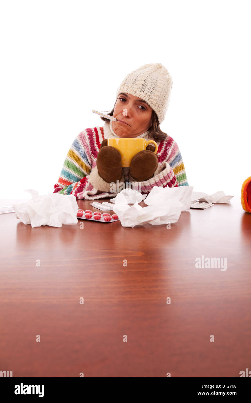 sad woman with flu symptom (isolated on white Stock Photo - Alamy
