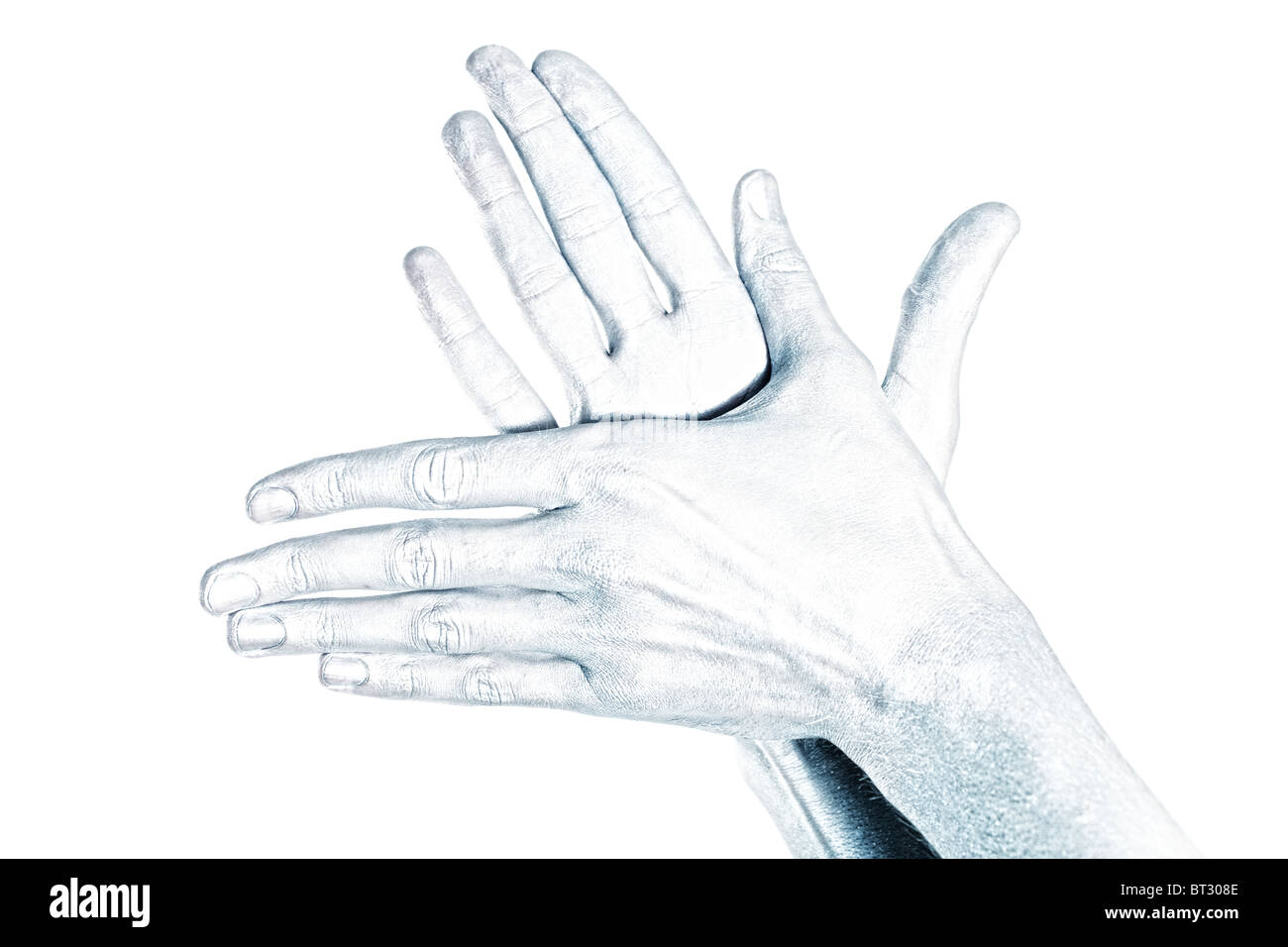 Beautiful man's hand in silver paint on white background Stock Photo ...