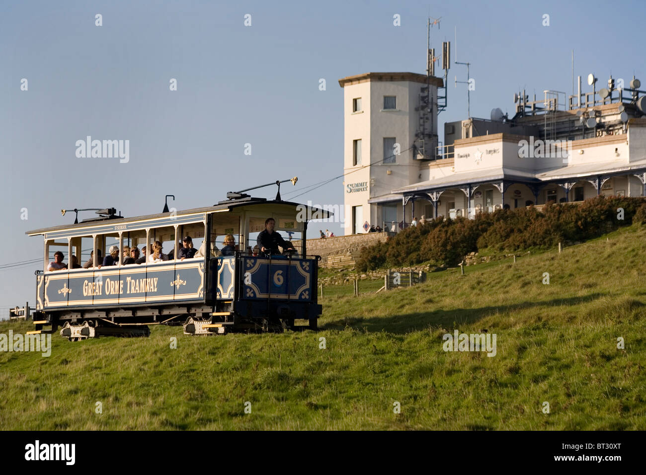 Wales Conwy Llandudno Great Orme Tramway passing Summit building Stock ...