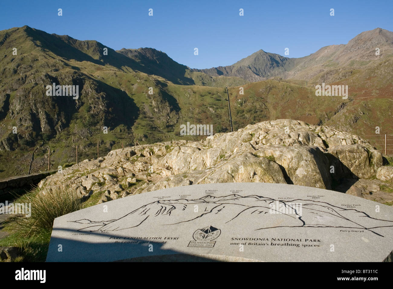 Wales Gwynedd Snowdon range, with national parks descriptive map in ...