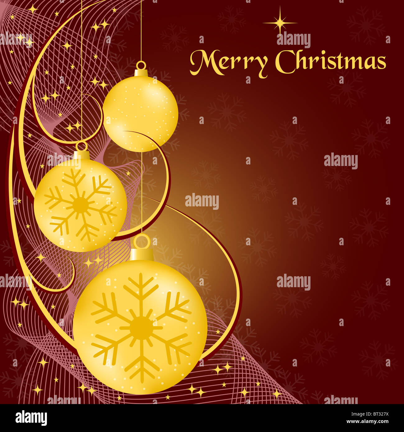 Xmas balls gold, wispy lines, stars and snowflakes on burgundy ...