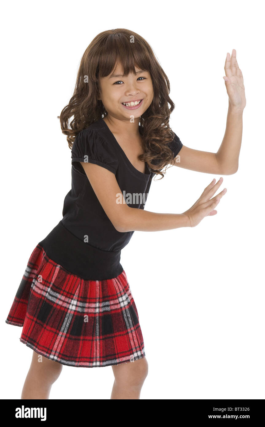 cute asian girl pushing something, isolated on white background Stock ...