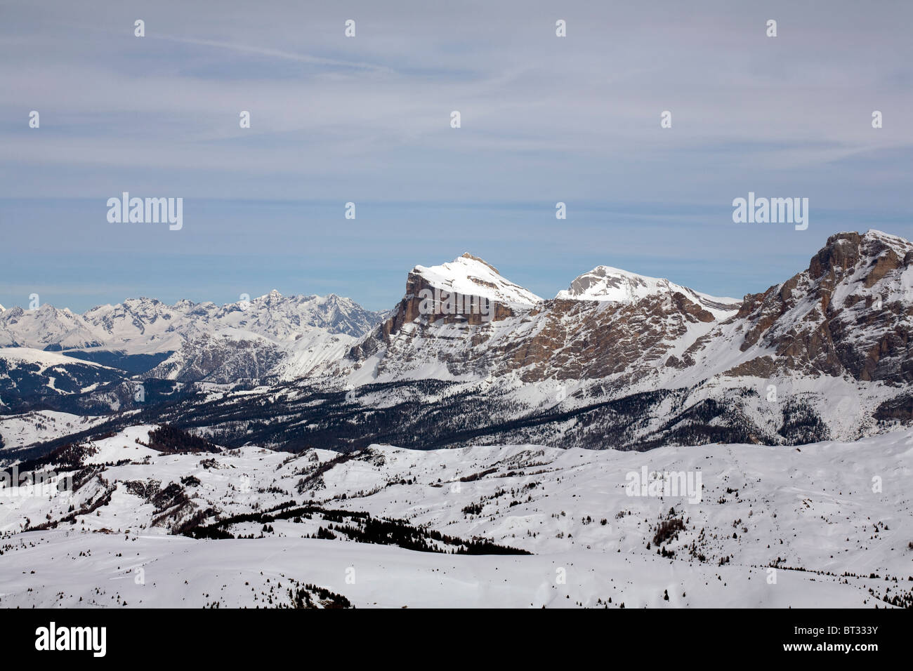 Massive limestone cliffs, from Corvara, Dolomites, Alto Adige, Trentino ...