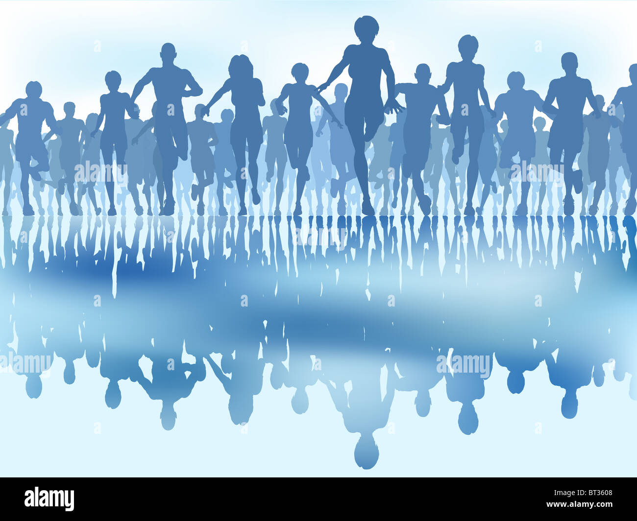 Illustration of a large group of people running with reflections Stock ...