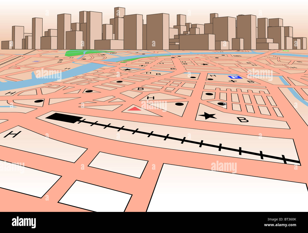 Illustrated street-map of a generic city plus skyline Stock Photo - Alamy