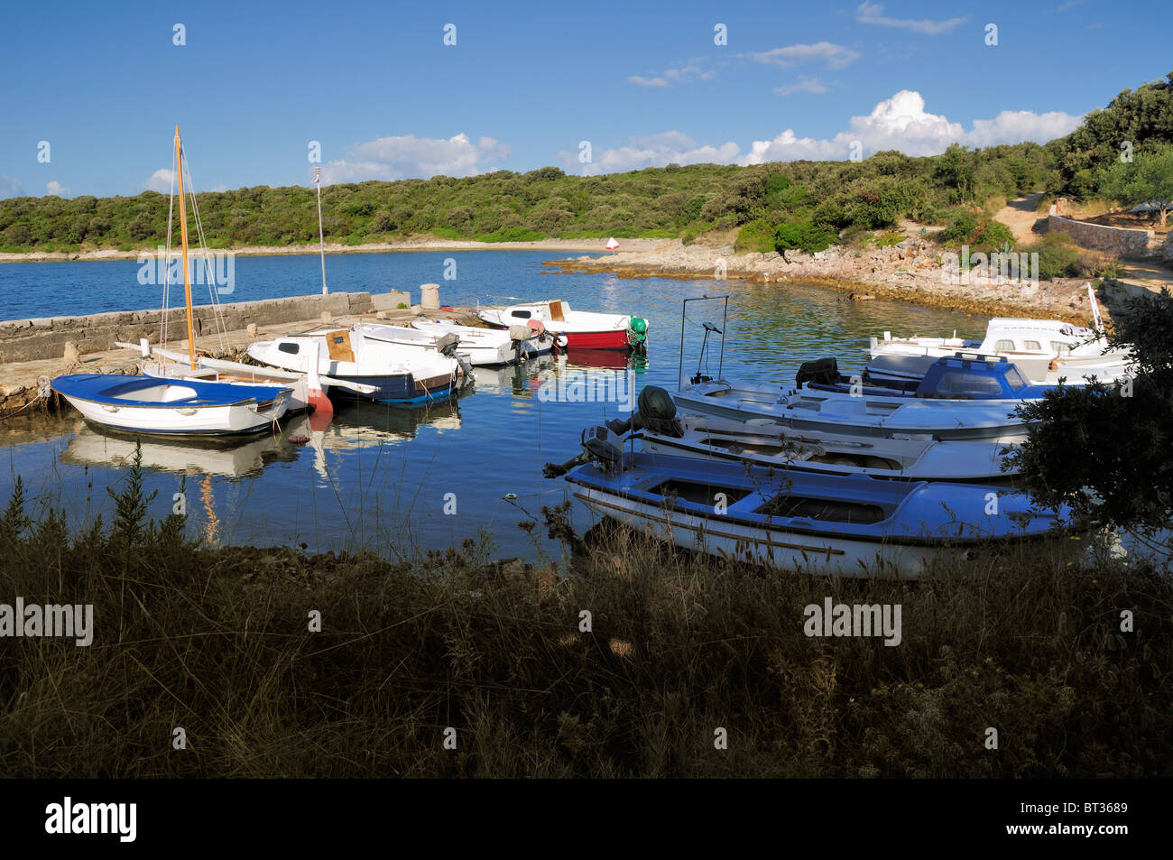 Small port with moored fishing boats, Silba Island, Croatia Stock Photo ...