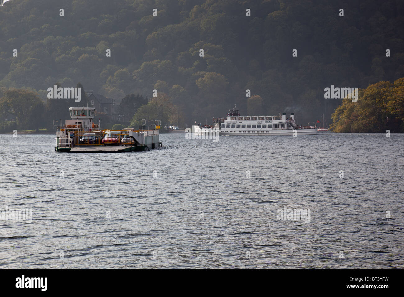 Windermere Ferry, laden with cars, approaching Ferry Nab near Bowness ...