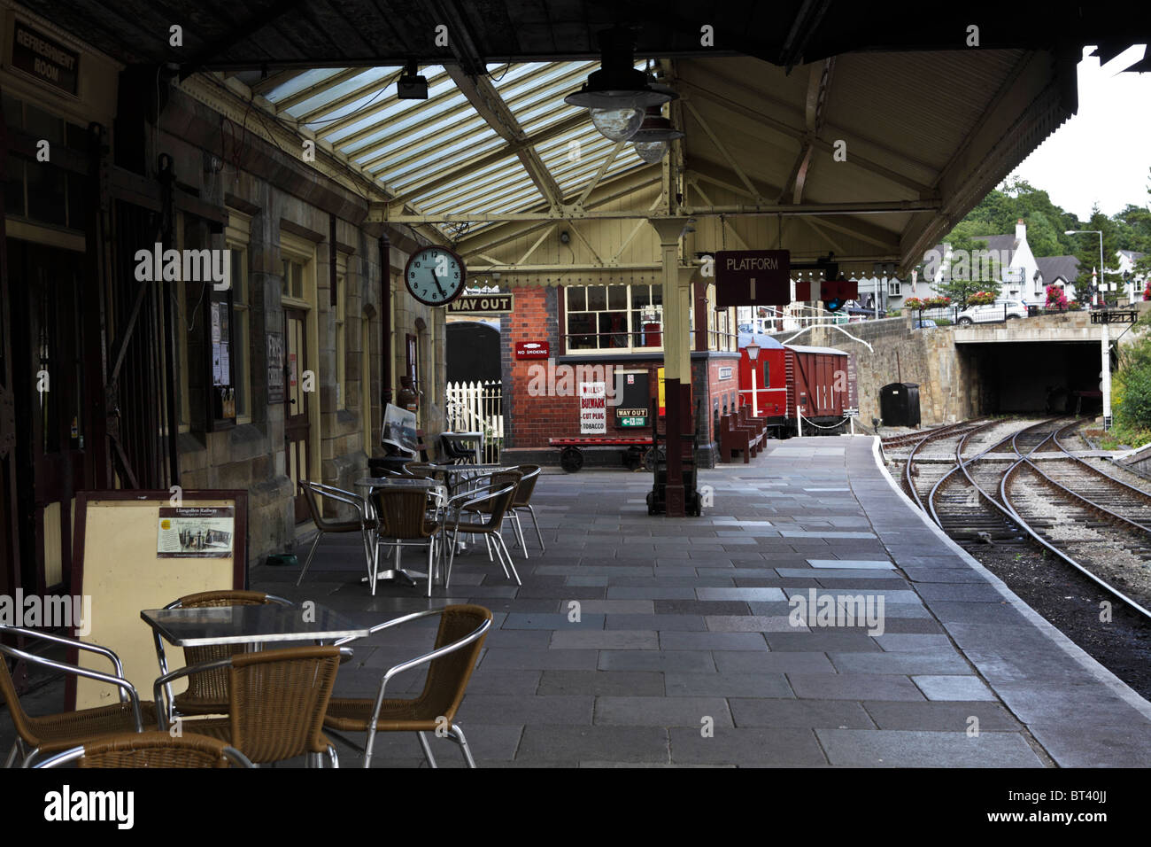 An westerly aspect of the main platform of Llangollen Station in north ...