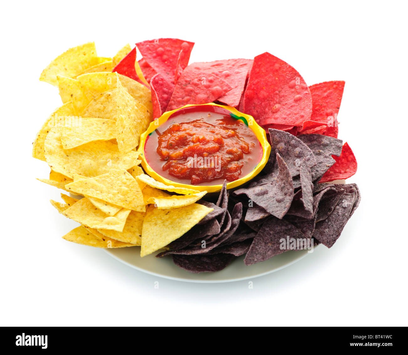 Bowl of salsa with colorful tortilla chips isolated on white background ...