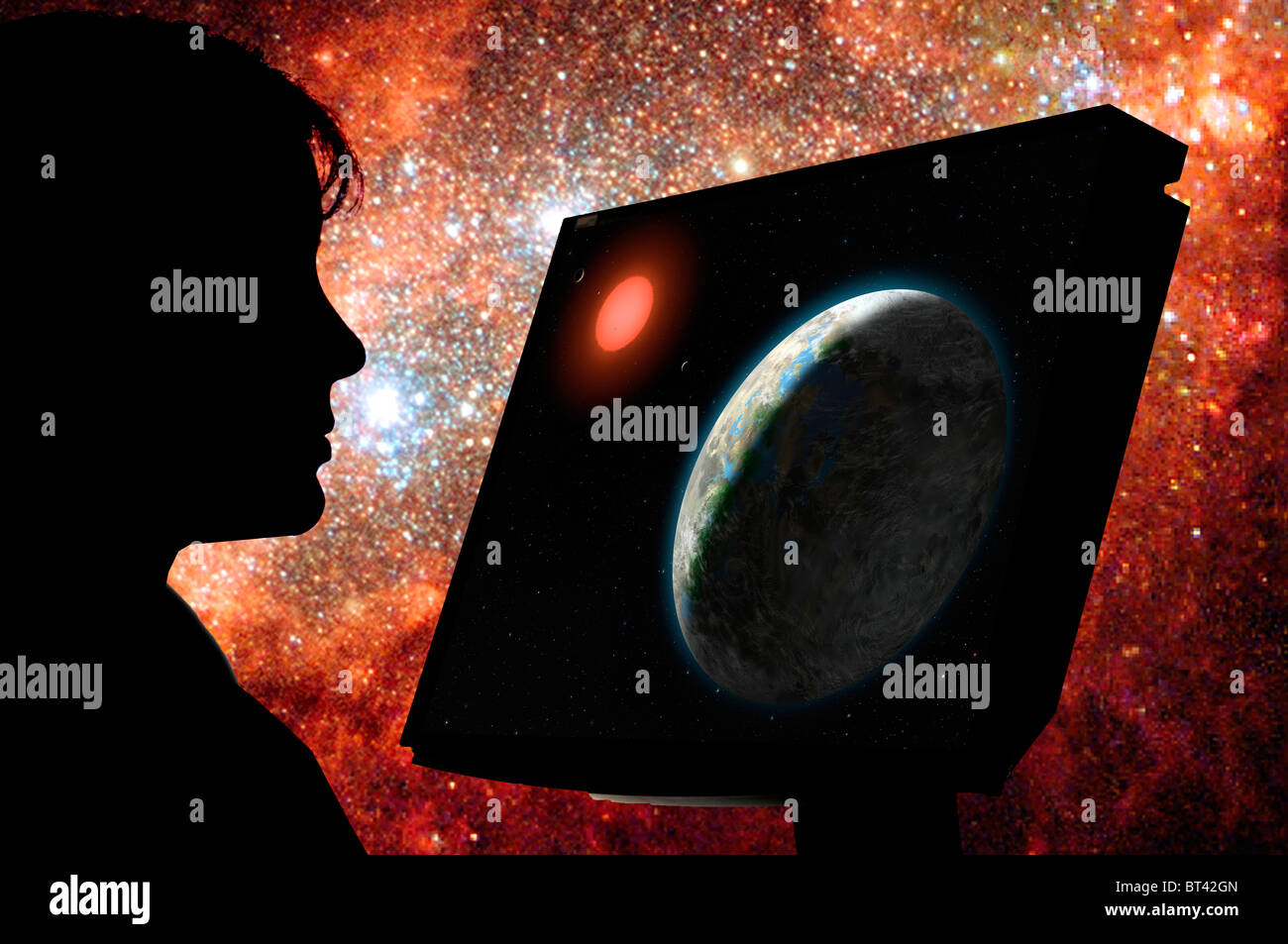 NASA engineer studying planet and galaxy on computer monitor Stock ...
