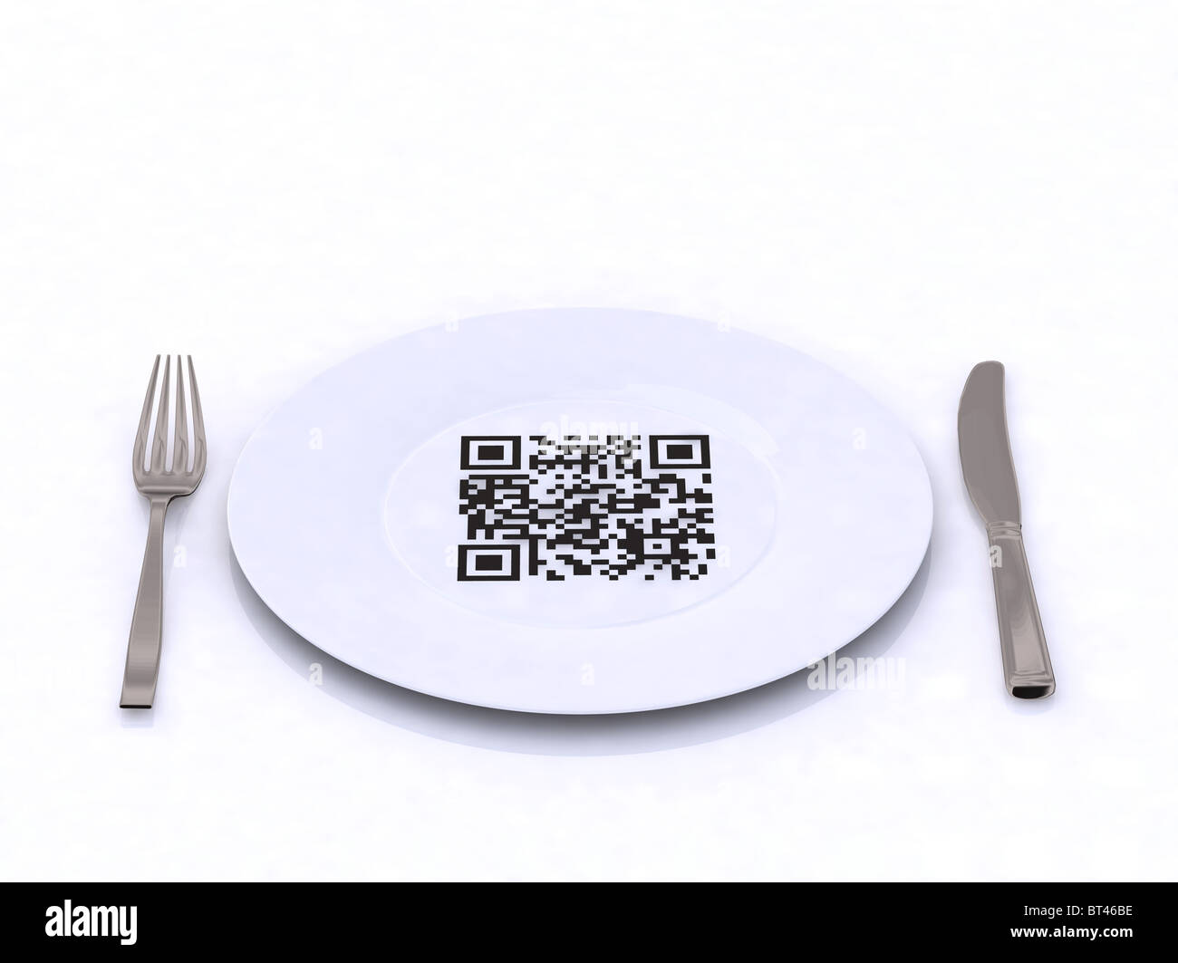 plate with fork, knife and QR code, 3d illustration Stock Photo - Alamy
