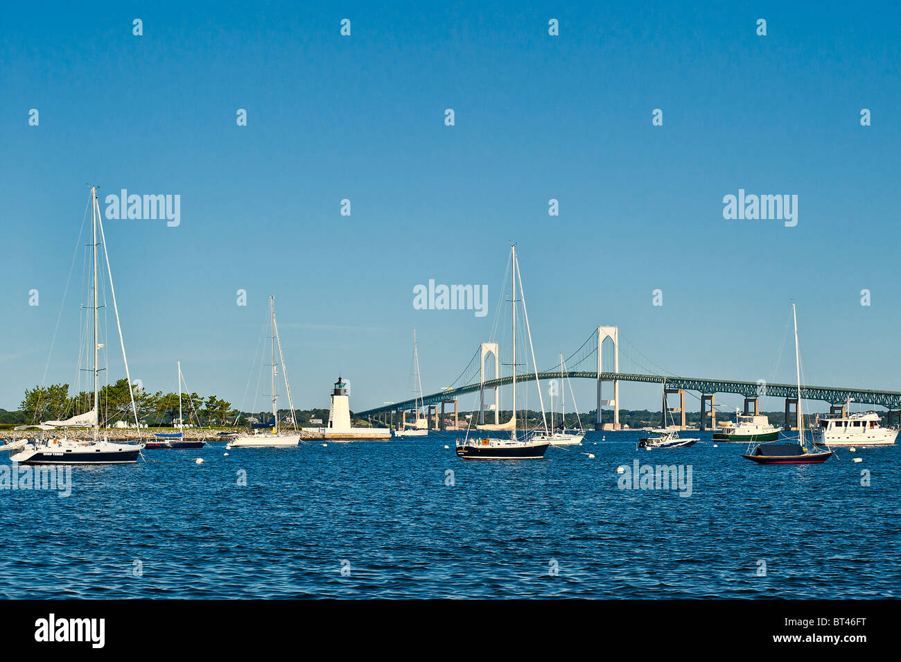 Goat Island Lighthouse and Newport harbor, Rhode Island, USA Stock Photo - Alamy