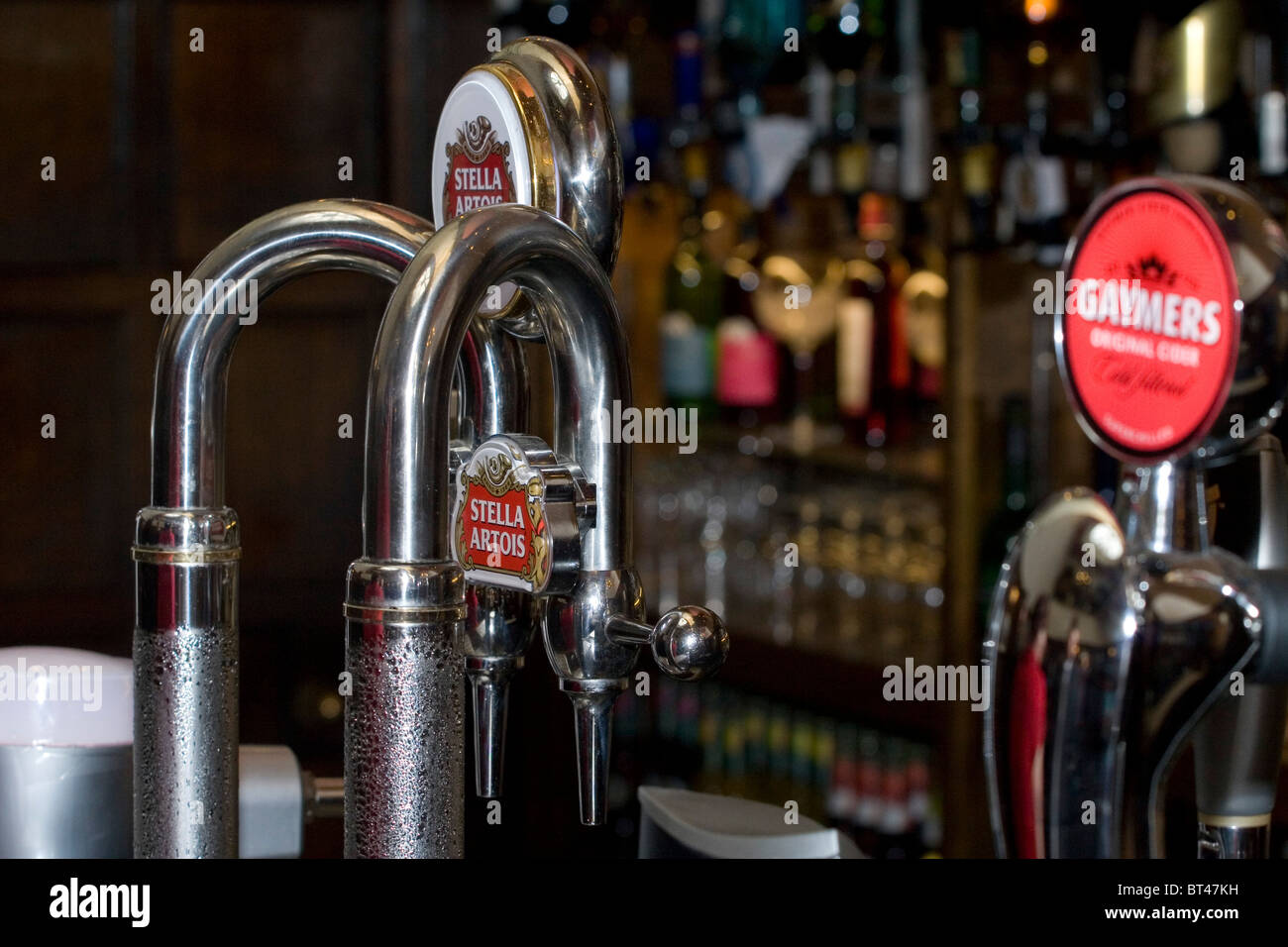 The pumps at a bar in the UK showing a range of alcoholic beverages ...