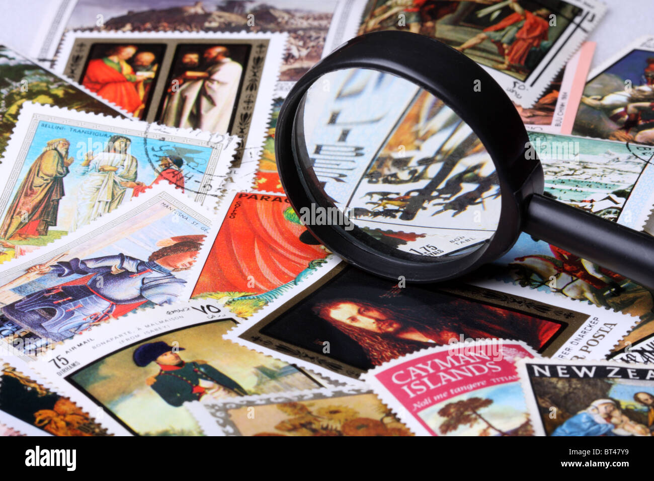 Stamp collection with magnifying glass, shallow depth of field Stock ...