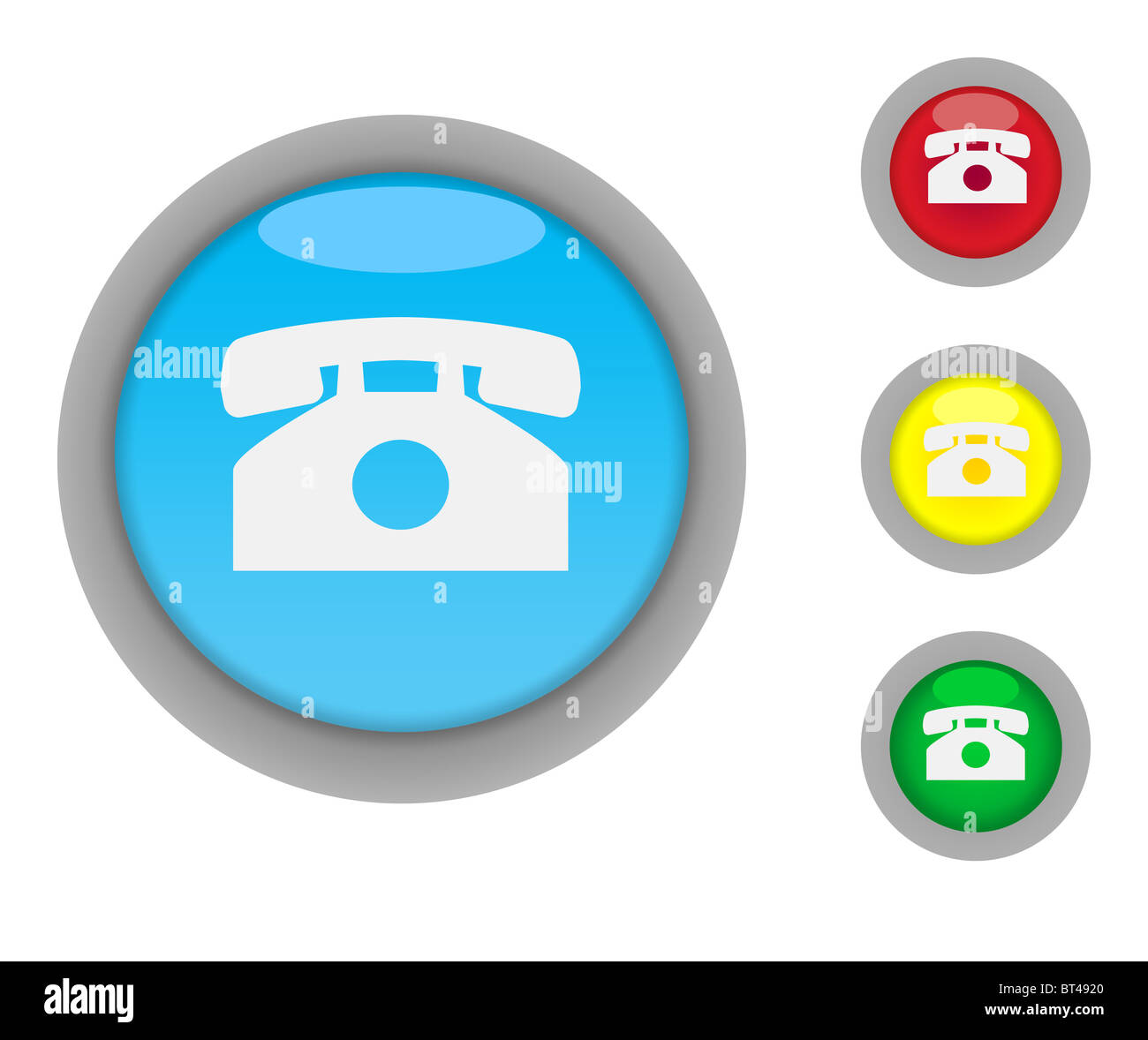 Set of four colorful glossy telephone contact button icons with light ...