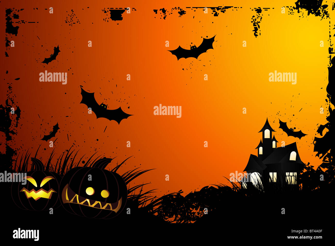 Halloween grunge background with grass bat and hunting house Stock ...