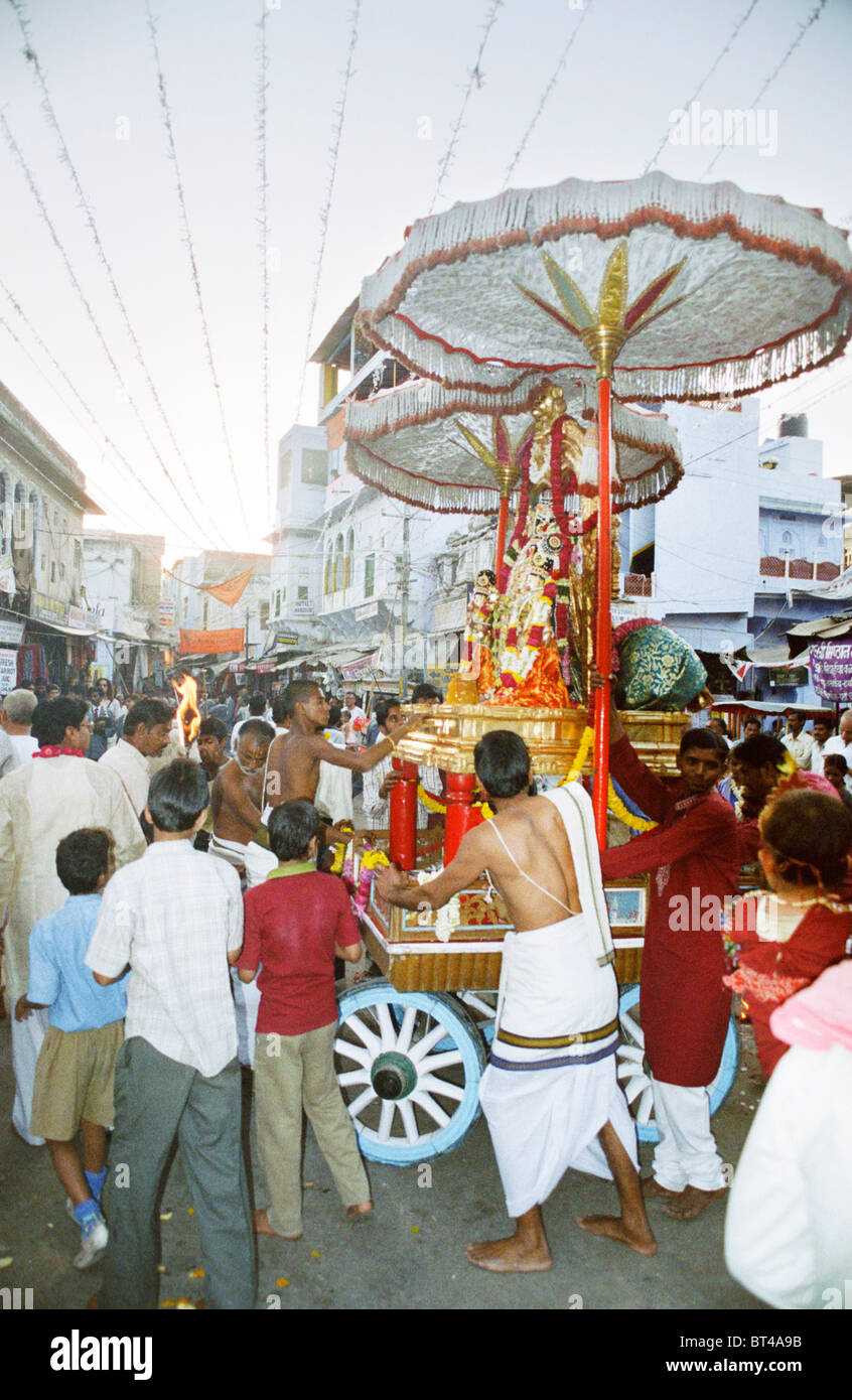 Indian street festival with cart and procession in Pushkar Rajasthan ...