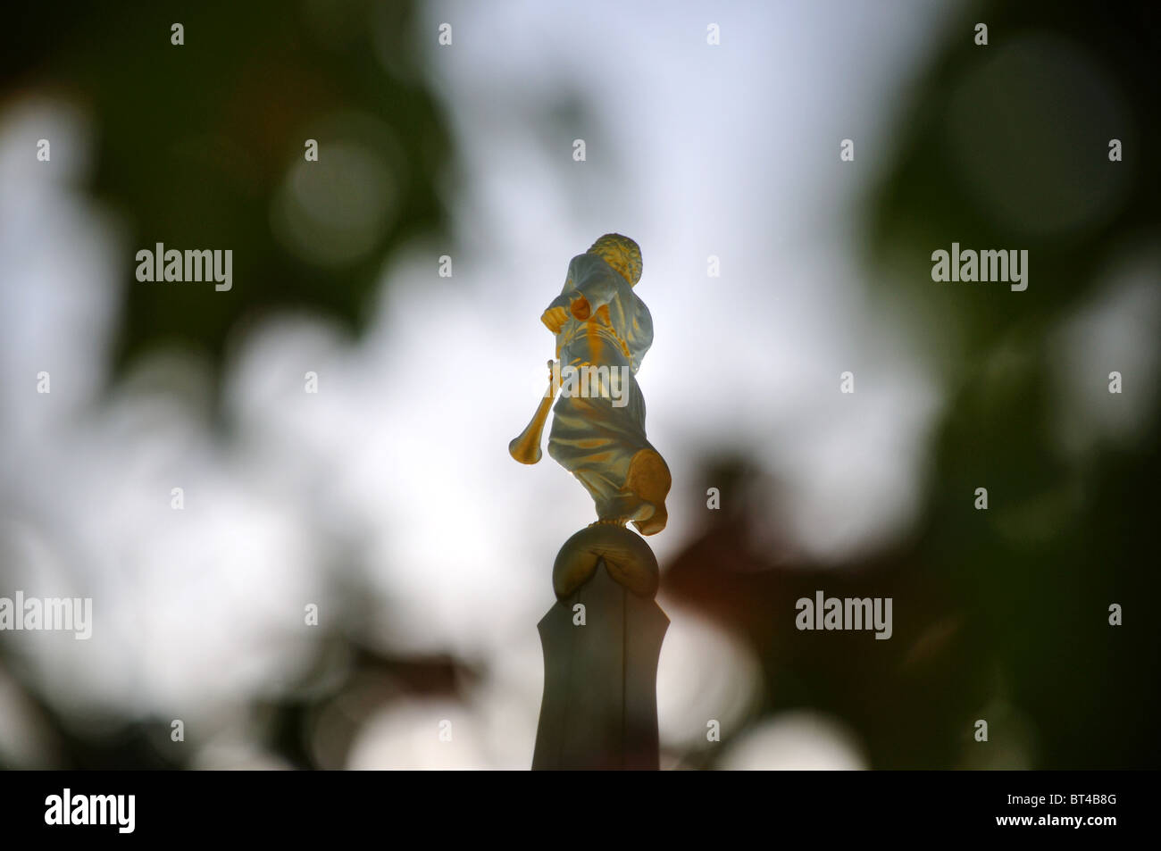 USA, Idaho, Boise, Angel Moroni atop a spire at the Boise LDS temple ...