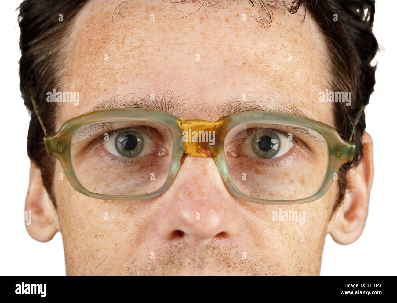 The person in old bad spectacles with a poor eyesight close up Stock ...