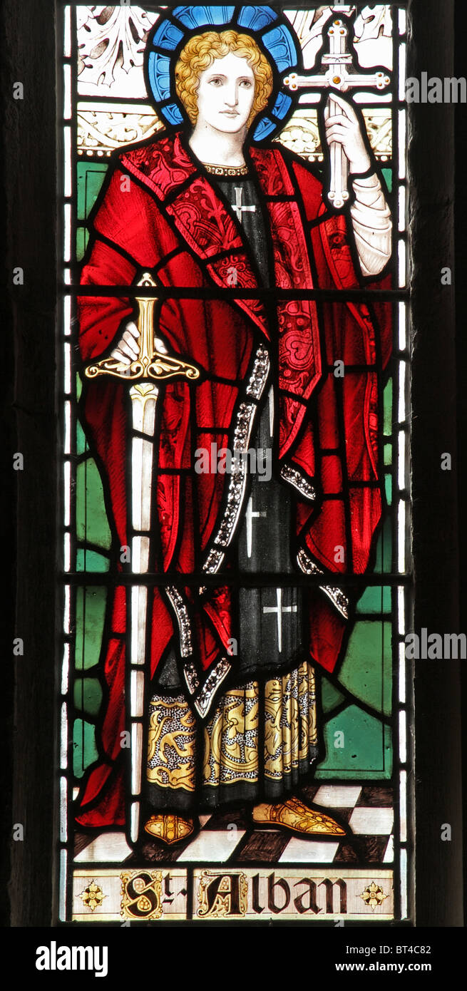 Stained glass window depicting Saint Alban, Parish church of St Brendon ...