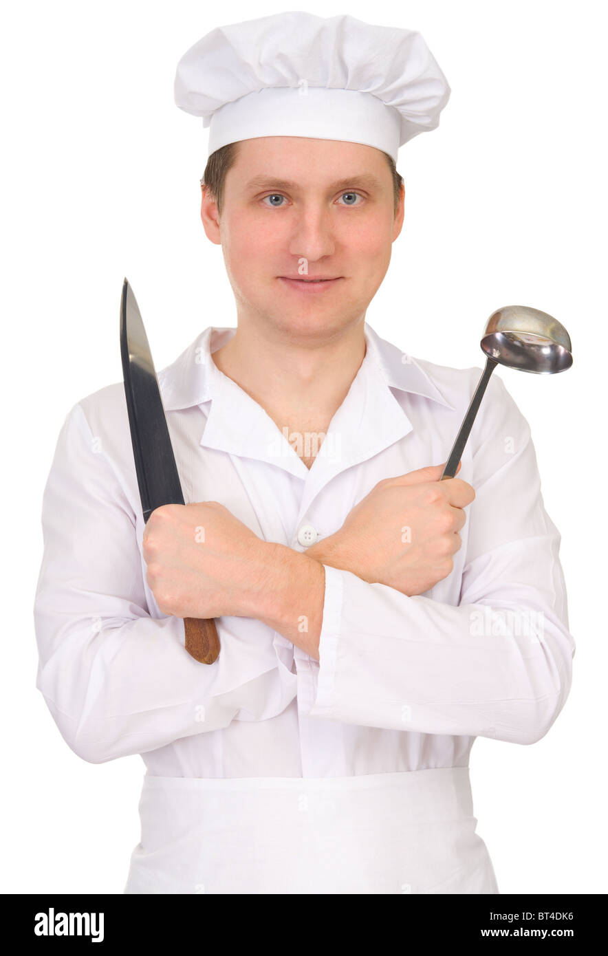 Cook in white overall with the knife and the ladle on a white ...