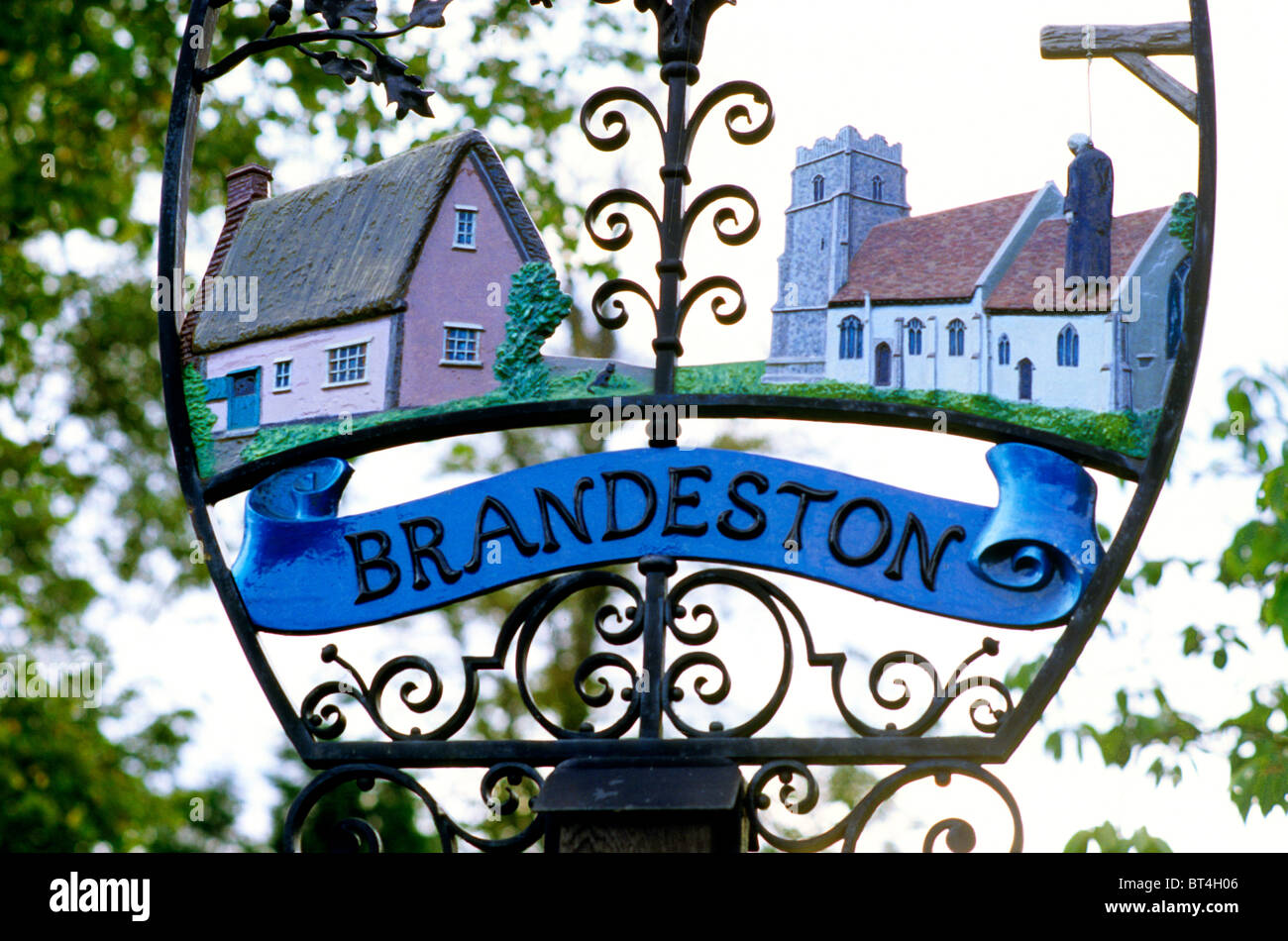 Brandeston village sign, Suffolk, Reverend John Lowes hanging hanged ...