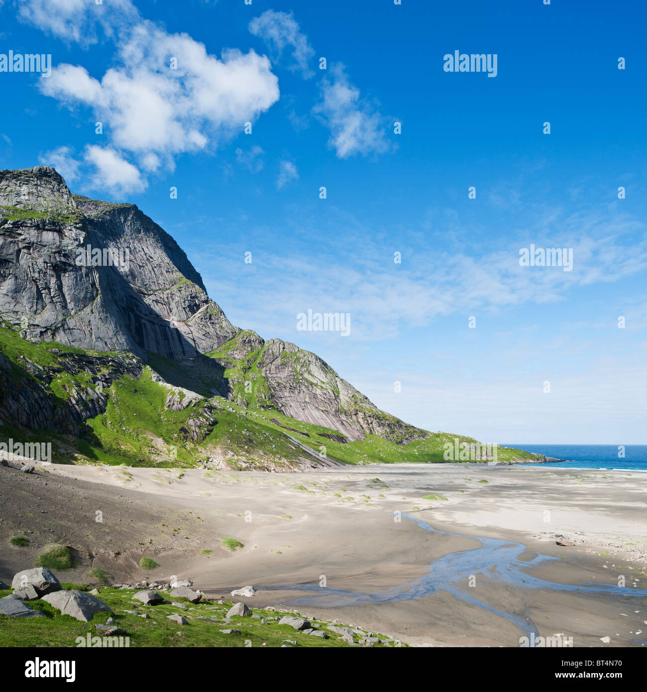 Scenic summer view of Bunes beach, Moskenesoy, Lofoten islands, Norway ...