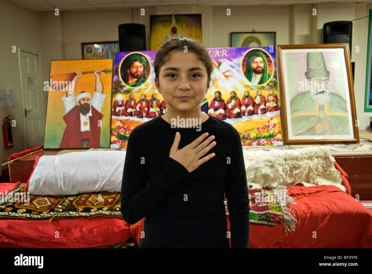 ALAWITE GIRL GREET BEFORE THE CEREMONY OF SEMAH IN THE COMMUNITY CENTER ...