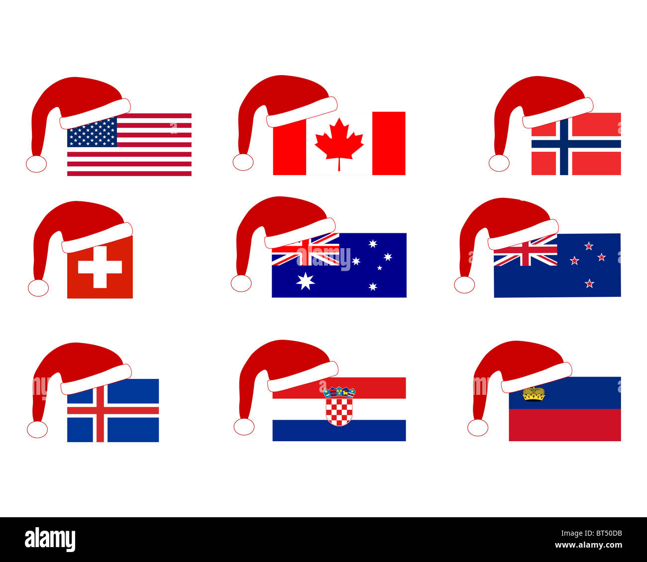 Flag of nine countries with Santa Claus cap Stock Photo - Alamy