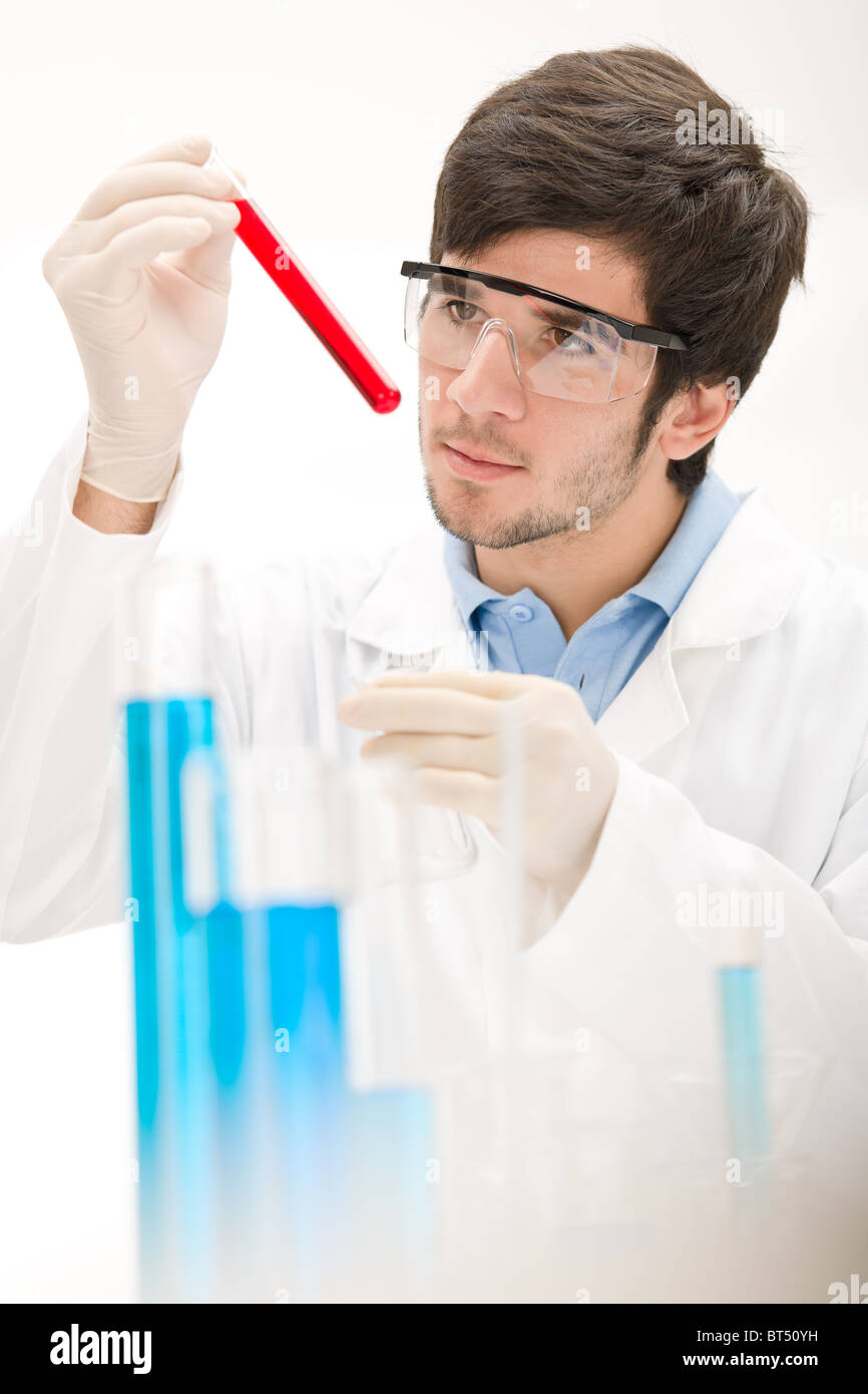 Flu virus experiment - scientist in laboratory, wear protective eyewear ...