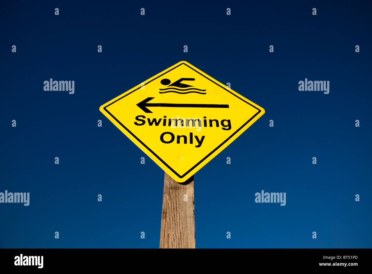 Signs, Warning, Swim area indicating stretch of beach suitable for safe ...