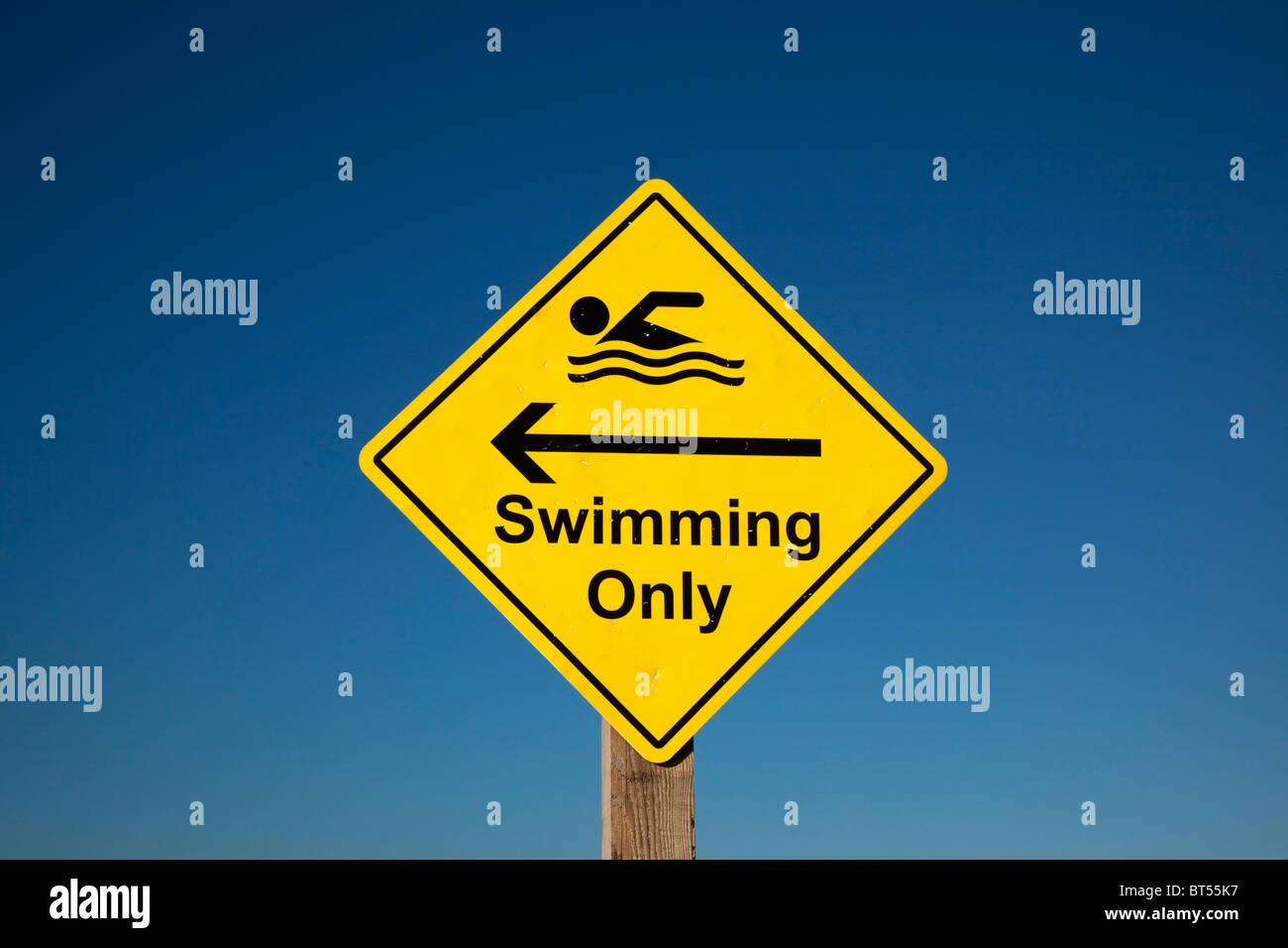 Signs, Warning, Swim area indicating stretch of beach suitable for safe ...