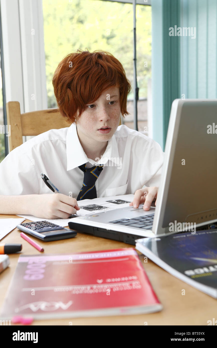 Schoolboy doing his homework using a laptop computer Stock Photo - Alamy