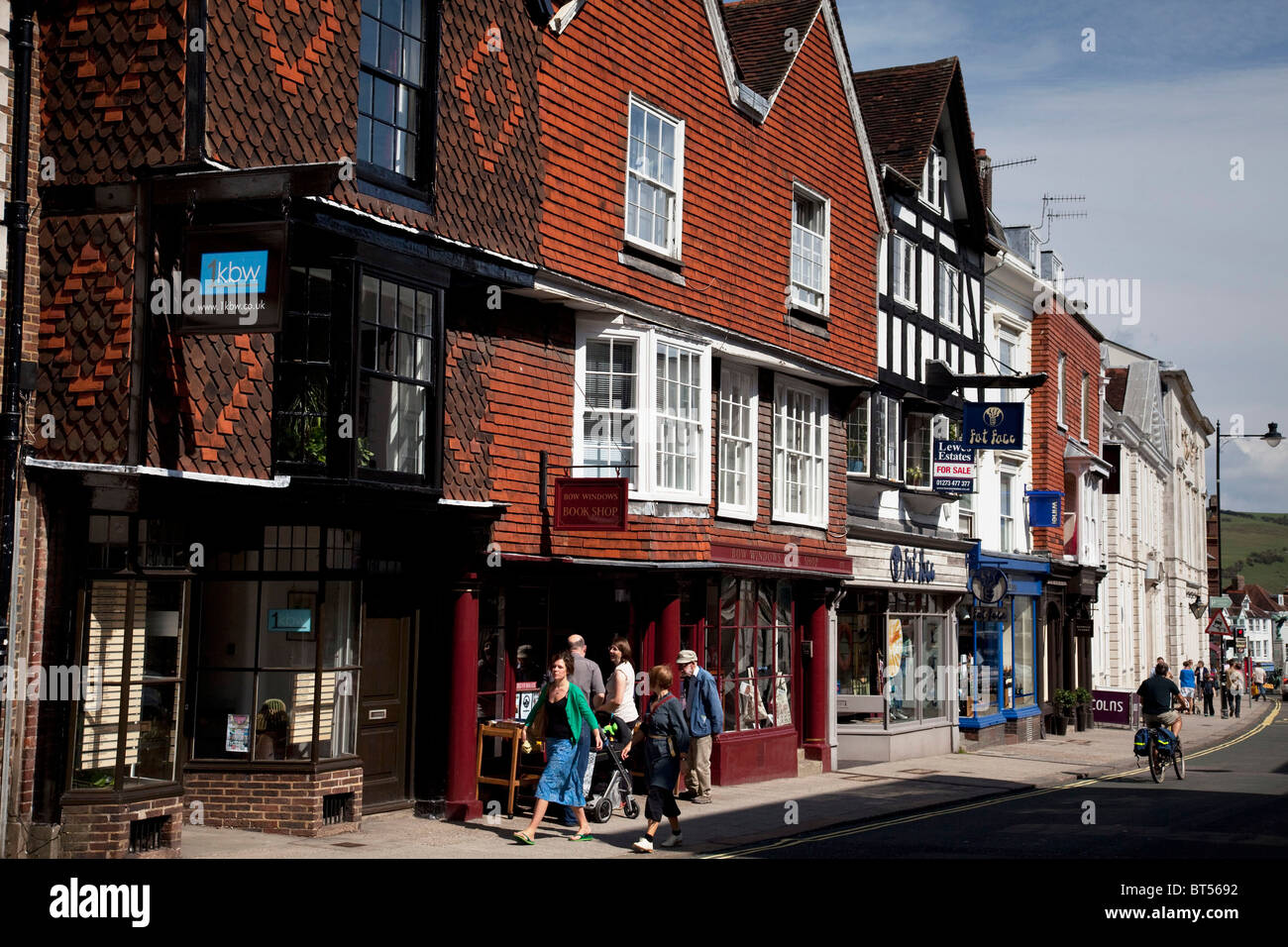 Scene along the High Street in East Sussex's famous town of Lewes Stock ...