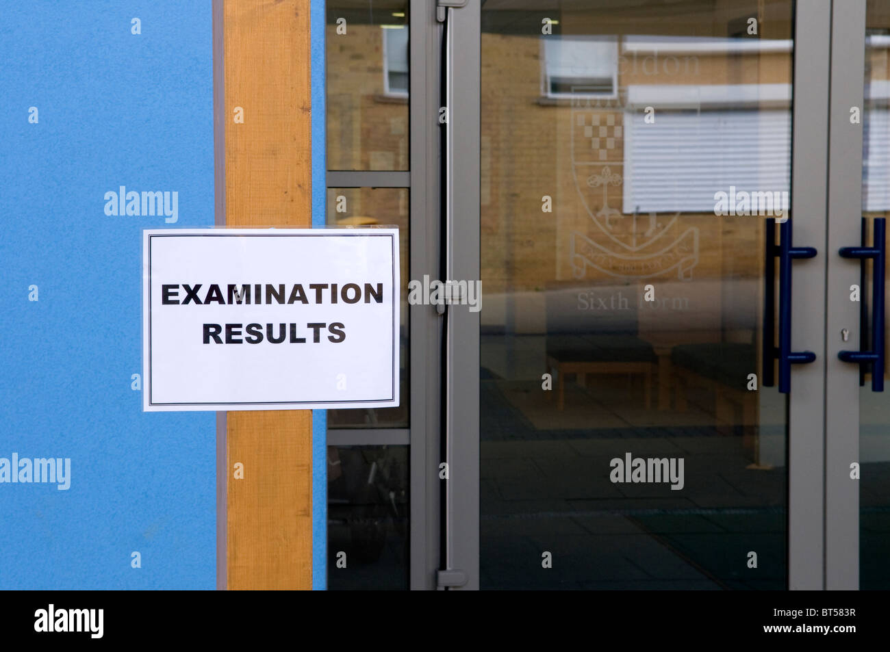 Exam results sign on sixth form door Stock Photo - Alamy