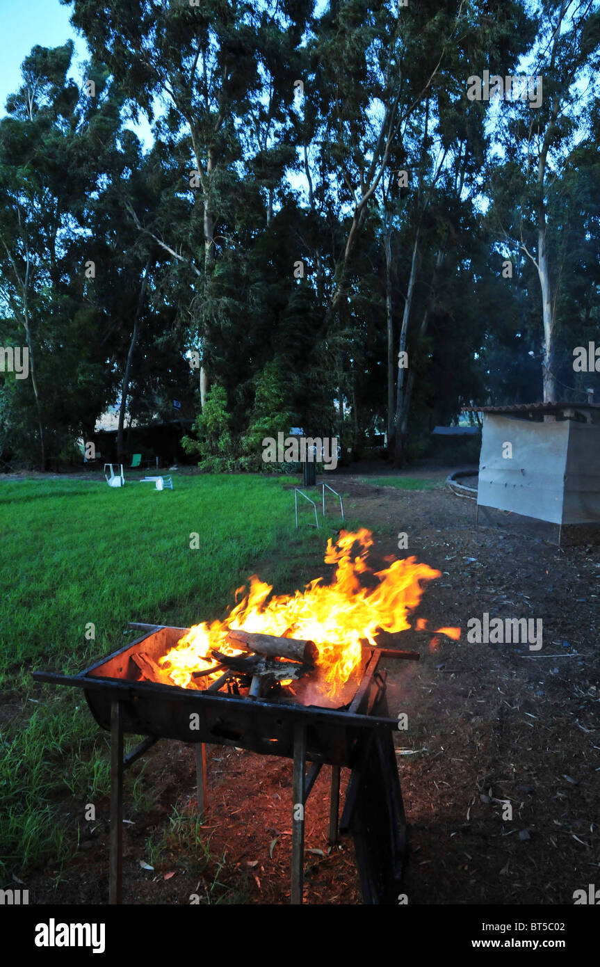 Outdoor cooking cooking on an open fire. Starting the fire Stock Photo ...