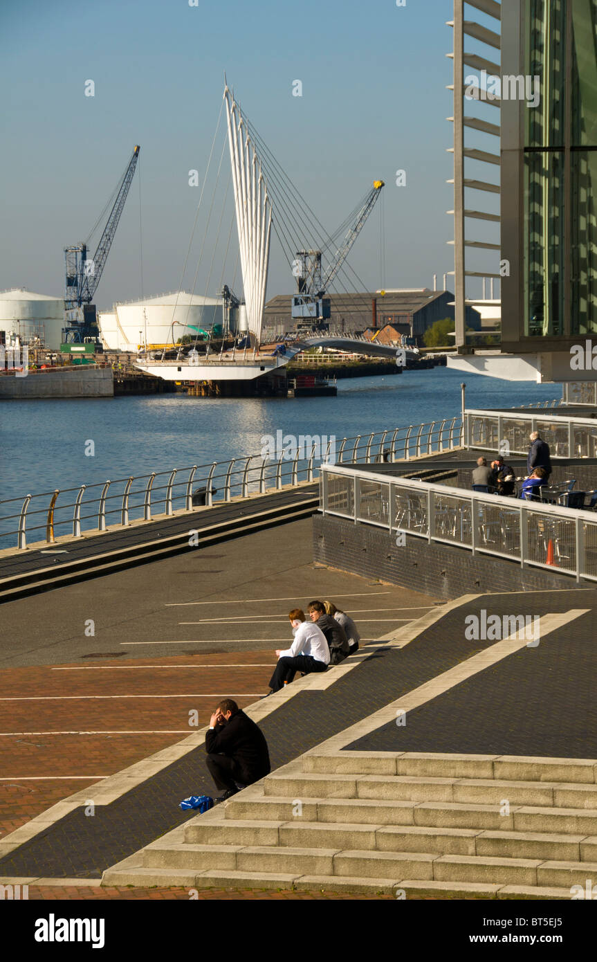 New swing footbridge over the Manchester Ship Canal seen from the steps ...
