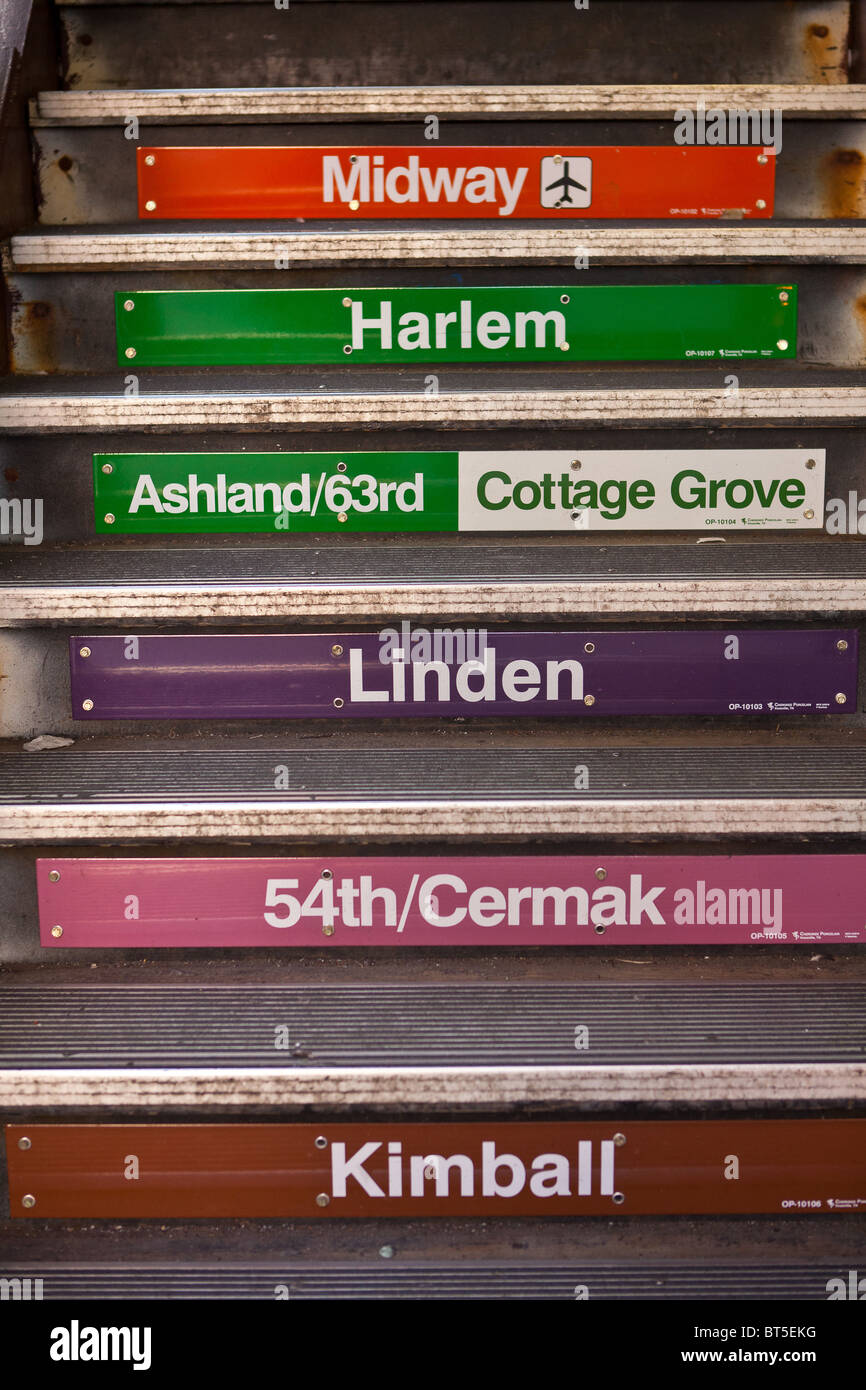 Station signs marking the transit lines on the stairs of the "L", the ...