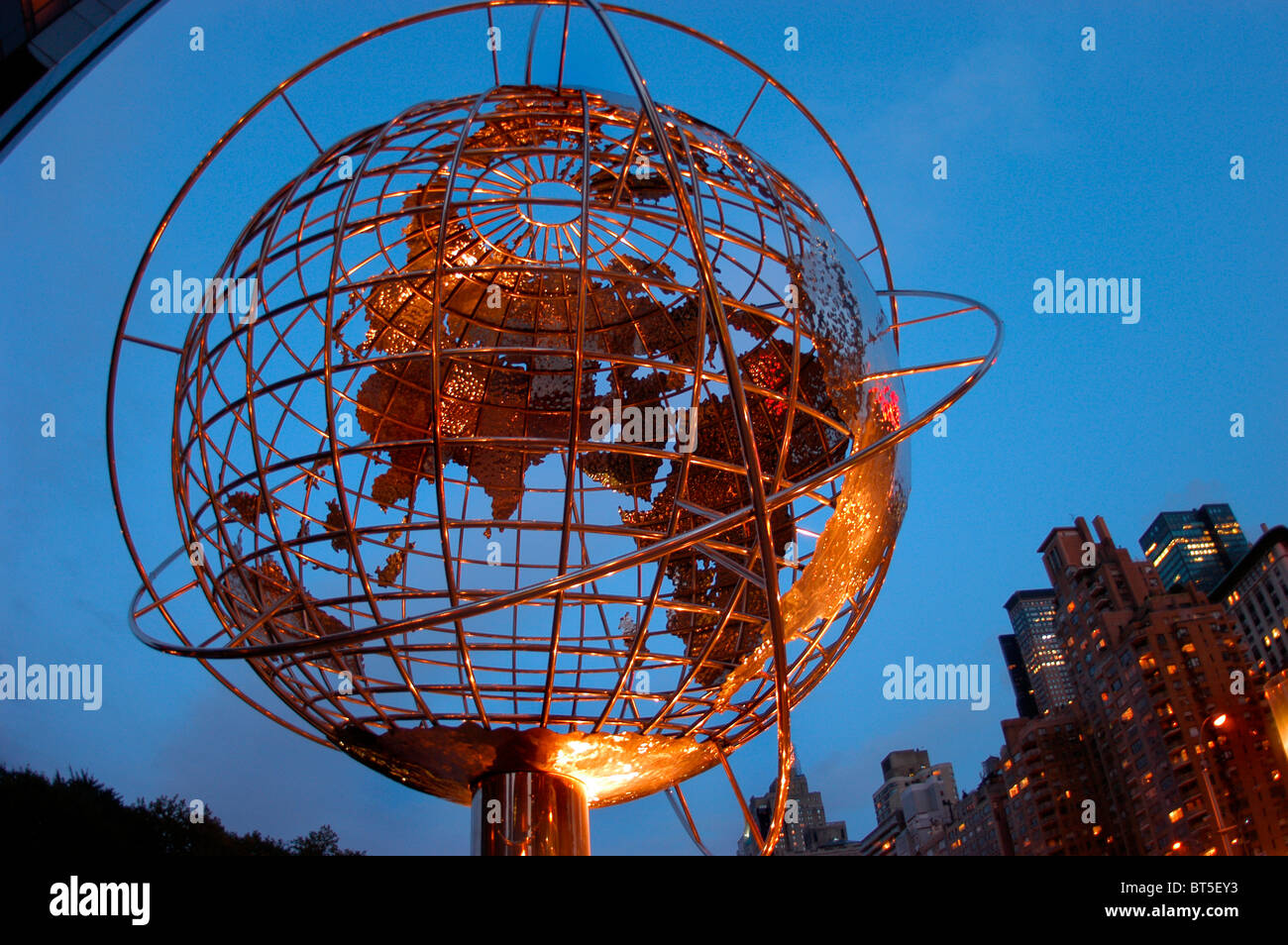 New York, NY , U.S.A. - Looking up, Globe Sculpture, Night, World Lit ...
