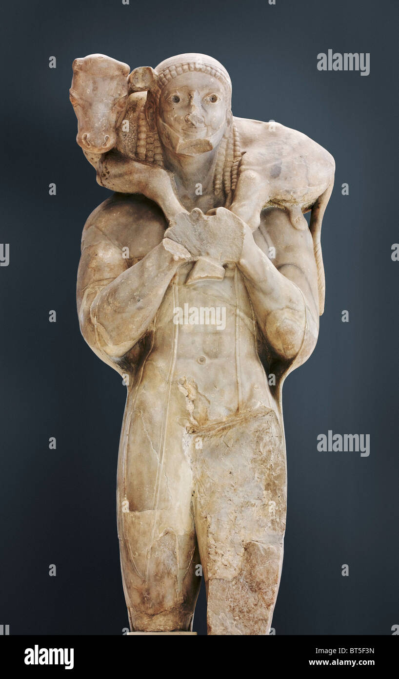 The Moscophoros (calf-bearer), ca. 560 BC, depicting a man carrying a ...