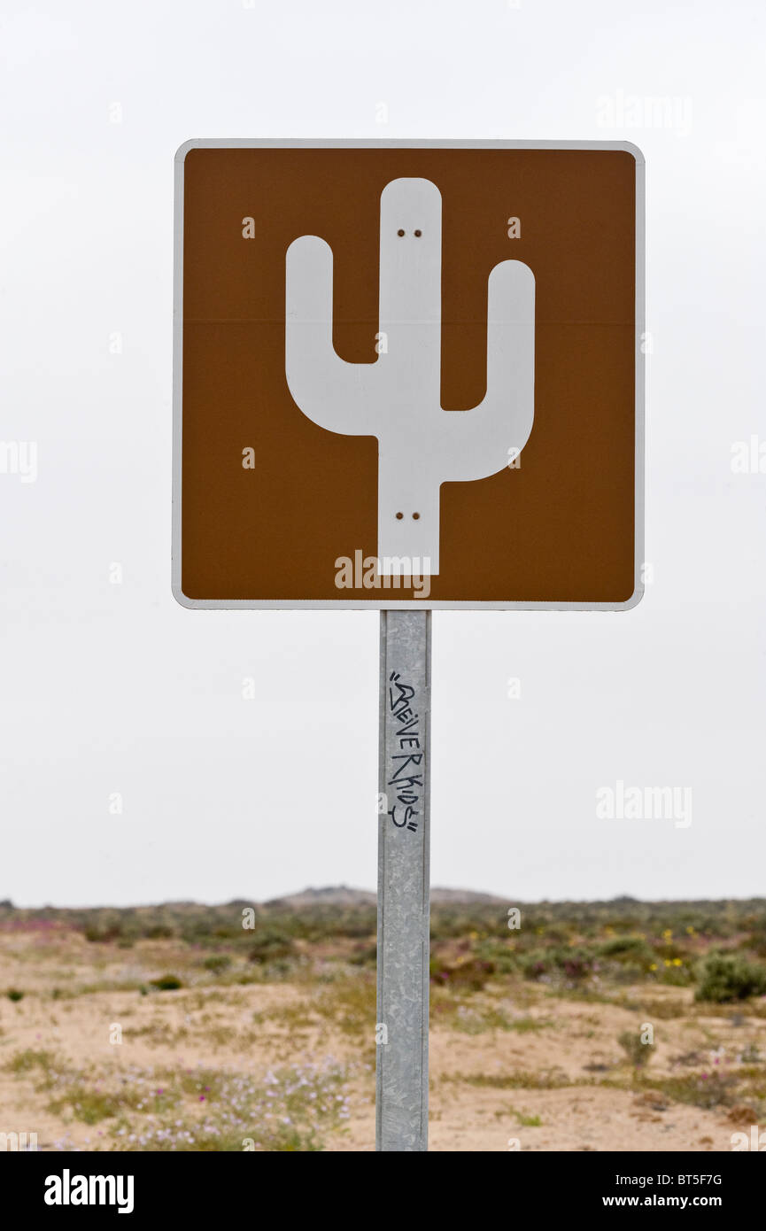 Road sign with symbol of cactus coastal road south of Caldera Atacama ...