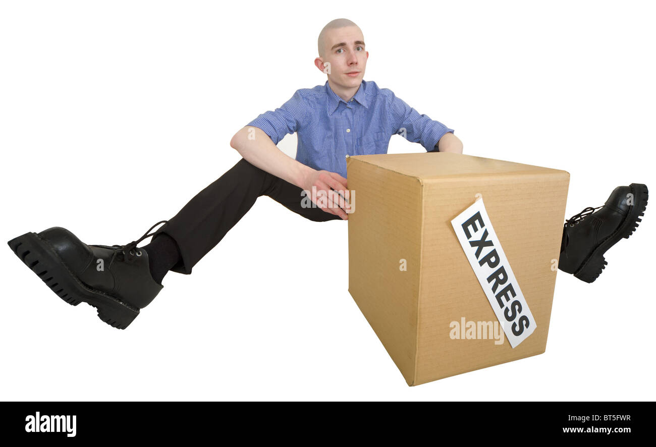 Courier and cardboard box with label "express Stock Photo - Alamy