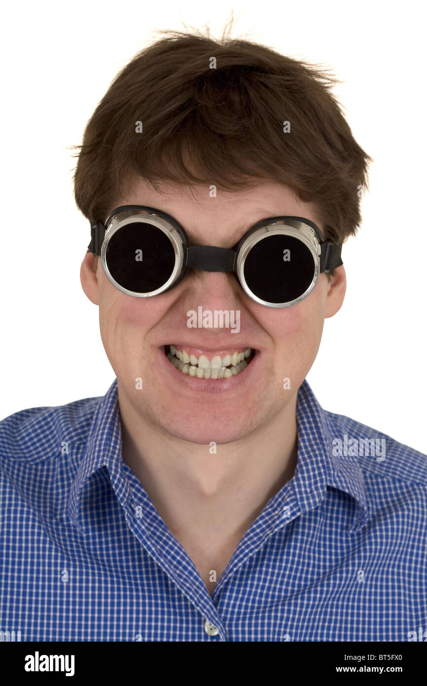 Man in welding goggles on the white background Stock Photo - Alamy