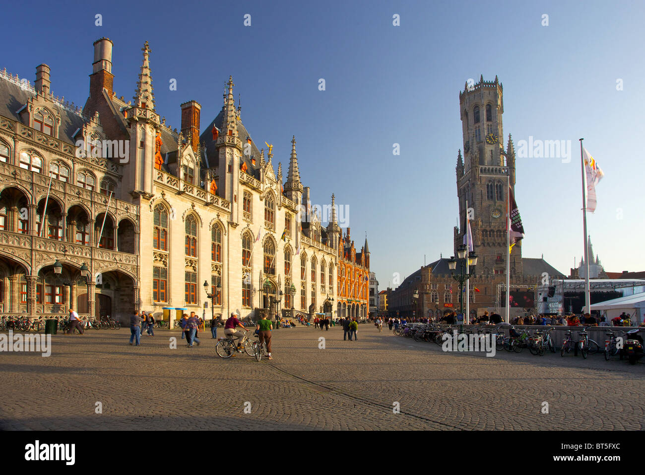 The market square in Bruges, with its own leaning tower, the Belfry ...