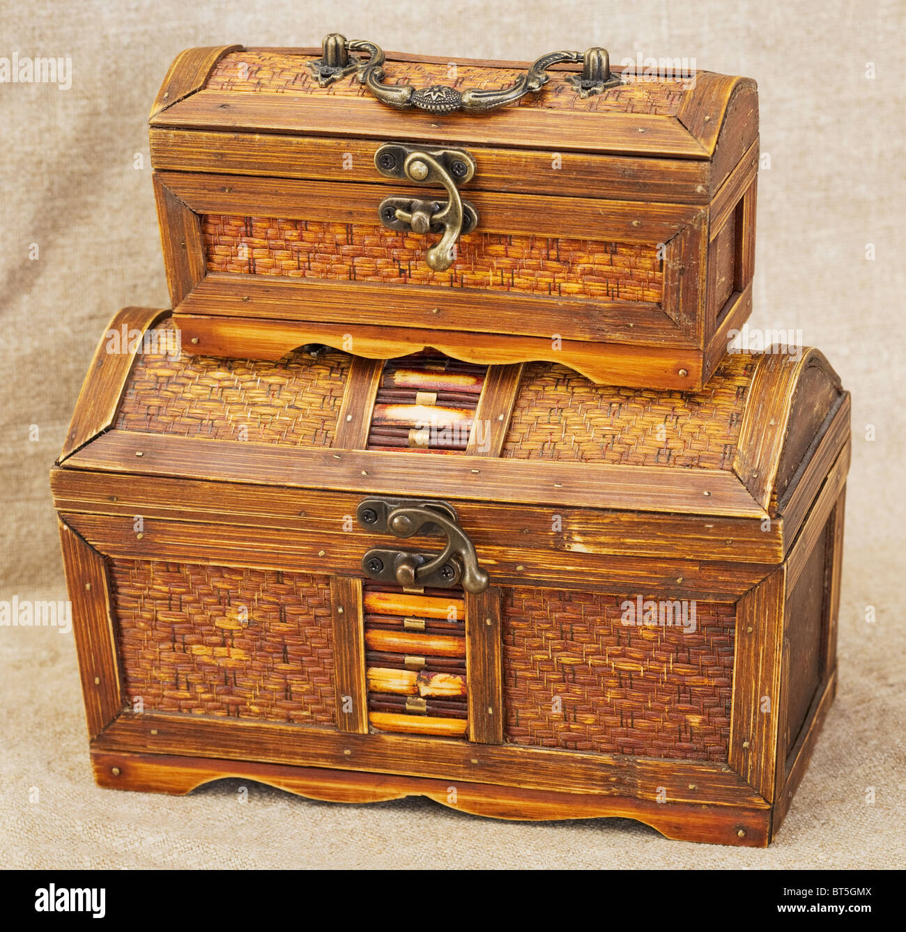 Two wooden ancient chest on canvas background Stock Photo - Alamy