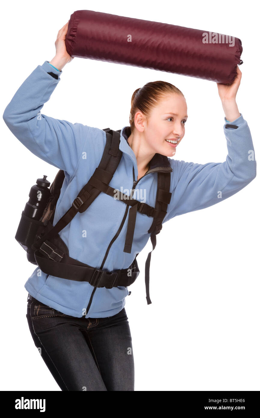 Full isolated studio picture from a young and happy backpacker Stock ...