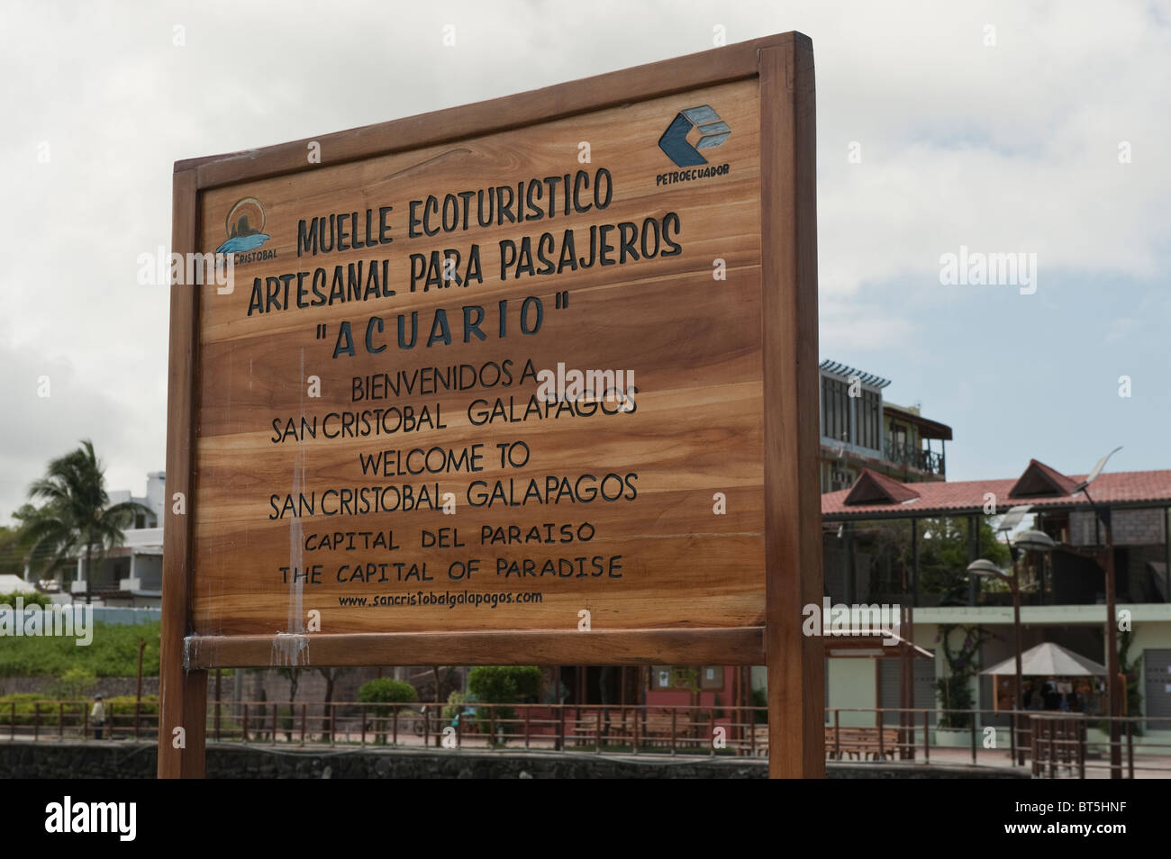Welcome sign Puerto Baquerizo Moreno, Galapagos capital, Isla San ...