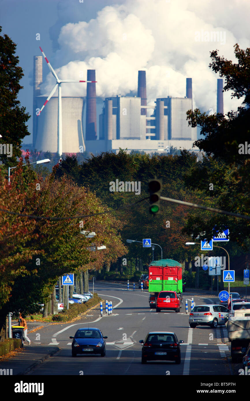 Brown coal power station and wind turbine, Neurath, Germany Stock Photo ...