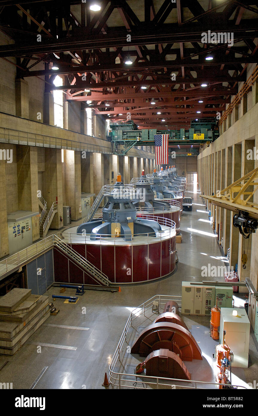 Power generating turbines in a structure at the base of the Hoover Dam ...